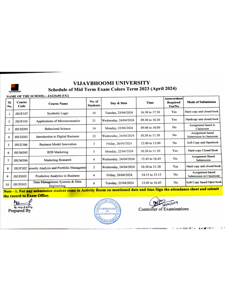UG - Mid Term Time Table Colors 23 | PDF