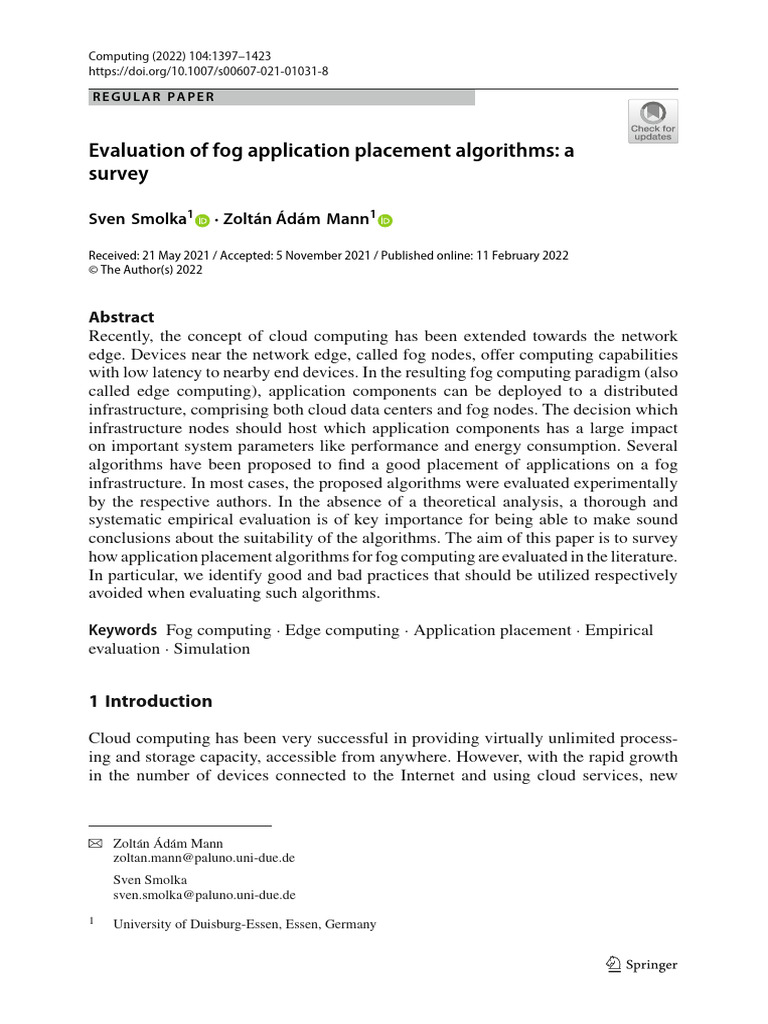 Evaluation Of Fog Application Placement Algorithms A Survey 2022 Springer Pdf Computing