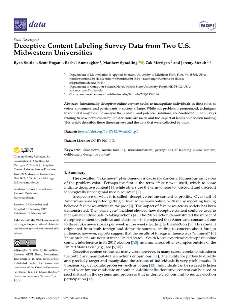 Deceptive Content Labeling Survey Data From Two US Midwestern ...