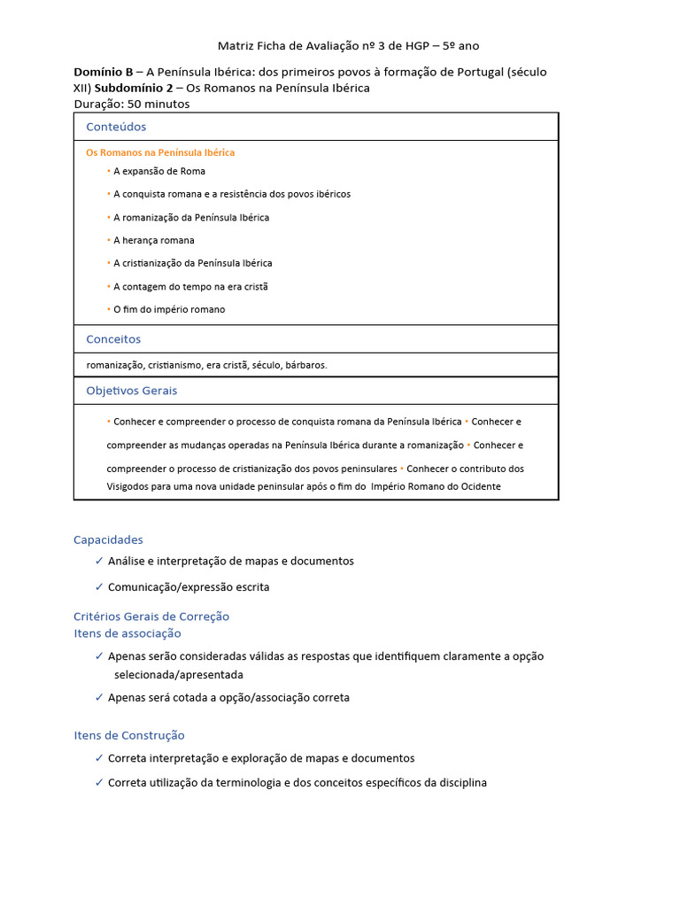 Matriz - HGP 5º Ano | PDF | Península Ibérica | Roma Antiga