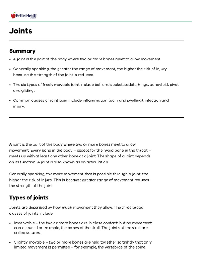 Joints - Better Health Channel | PDF | Joint | Shoulder