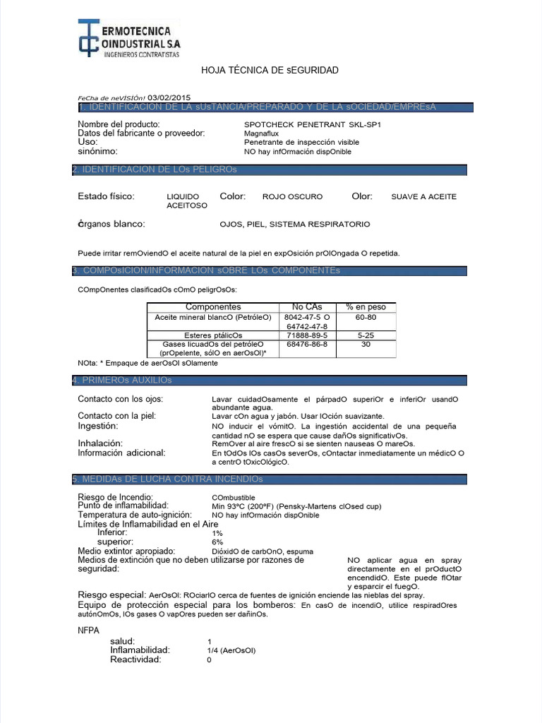 PDF Tinta Penetrante SKL Sp1 Penetrant Limpiador Fds | PDF | Aerosol | Agua
