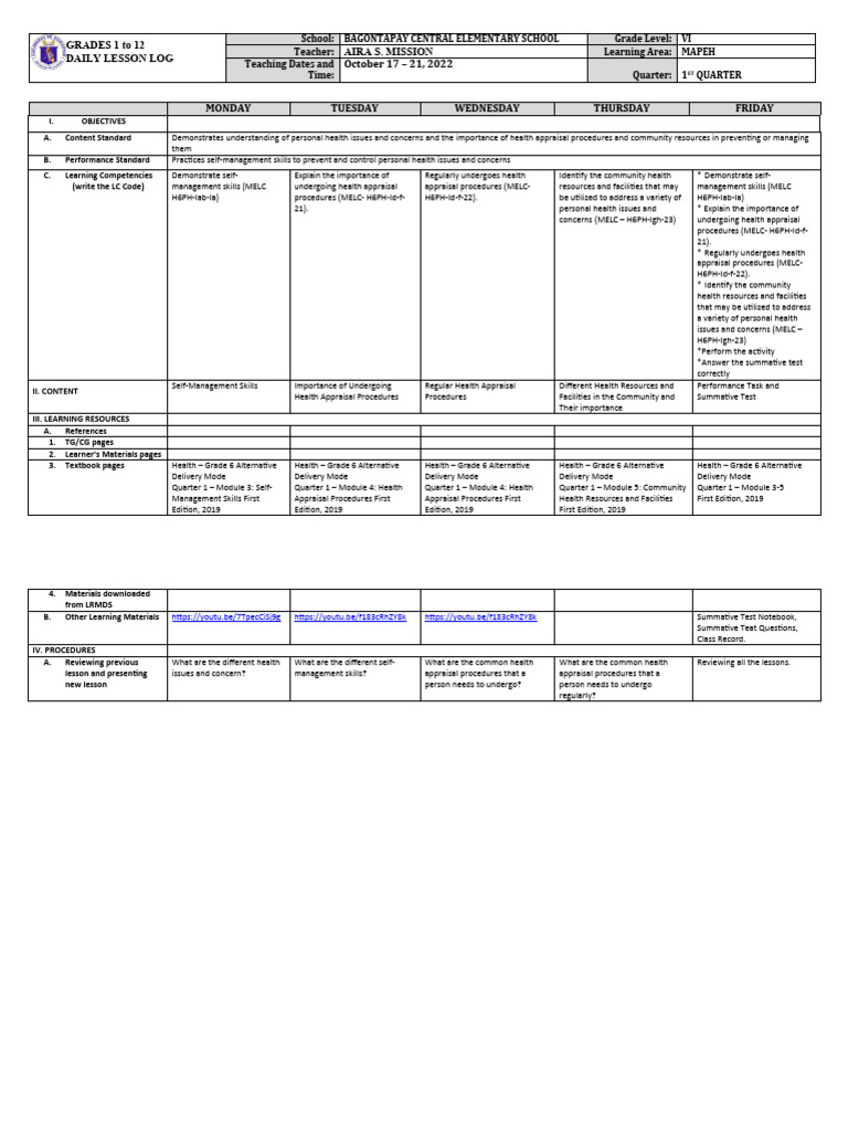 DLL Mapeh 6 Q1 W8 | PDF | Human Tooth | Physical Examination