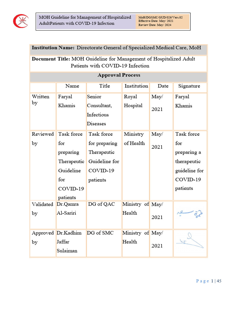 MOH Guideline For Management of Hospitalized Adult Patients With COVID ...