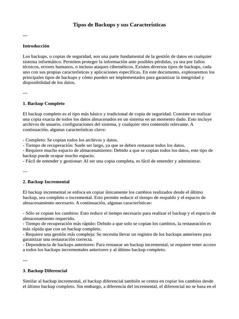 Tipos de Backups y Sus Características | PDF | Apoyo | La seguridad ...