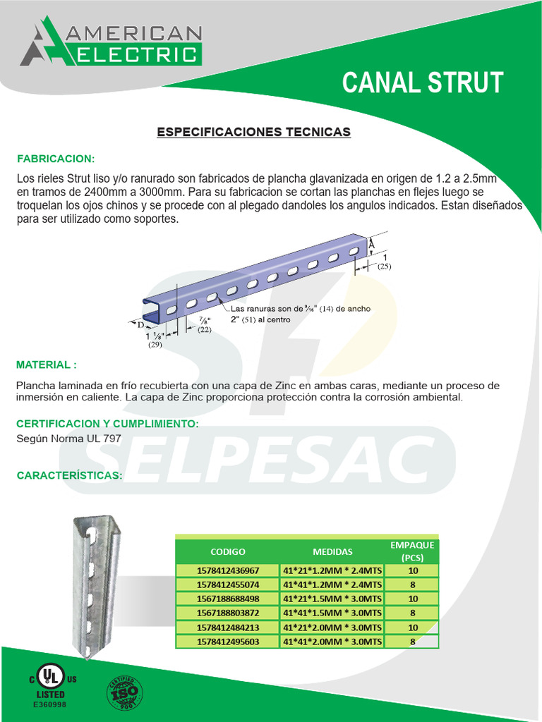 Ficha Técnica RIEL STRUT American Electric | PDF