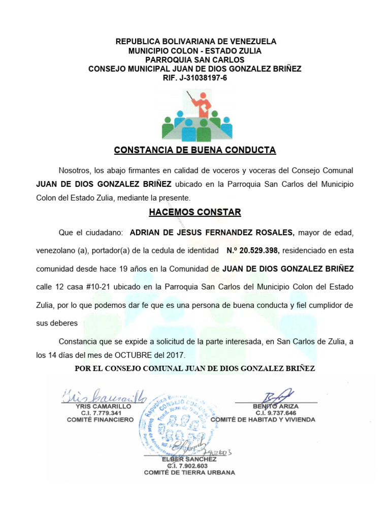 CONSTANCIA DEBUENA CONDUCTA Juan de Dios Briñz | PDF | Derecho