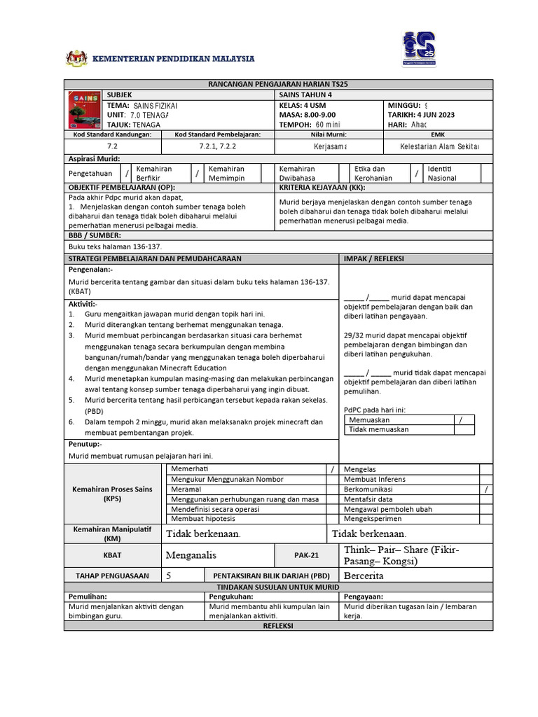 Rancangan Pengajaran Harian TS25 Renewable Energy | PDF | Karier & Perkembangan