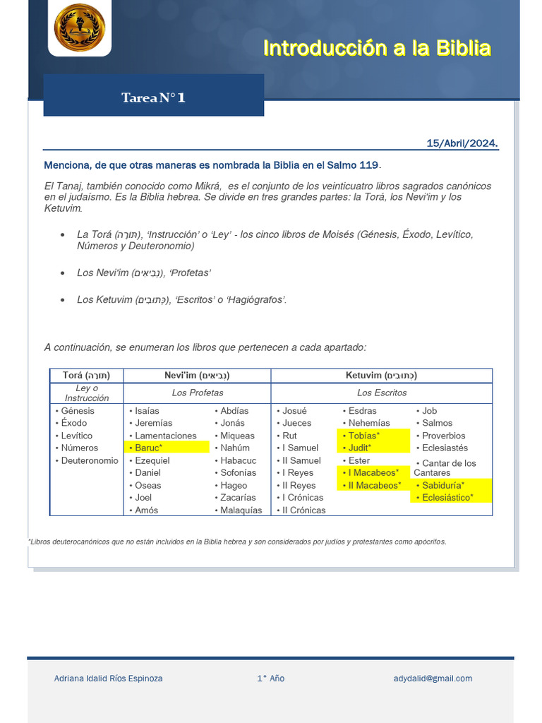 Tarea N1 y 2 Adriana Rios - IalB | PDF | Biblia | Tora