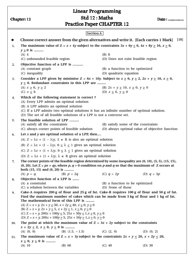 Practice Paper CHAPTER 12 | PDF | Mathematical Optimization | Linear Programming