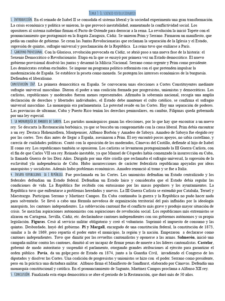 Tema 3. Sexenio Democrático PDF | PDF | Política de españa | Gobierno