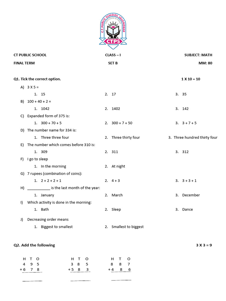 Class 1 Maths - SET B-2 | PDF | Classical Geometry | Euclid