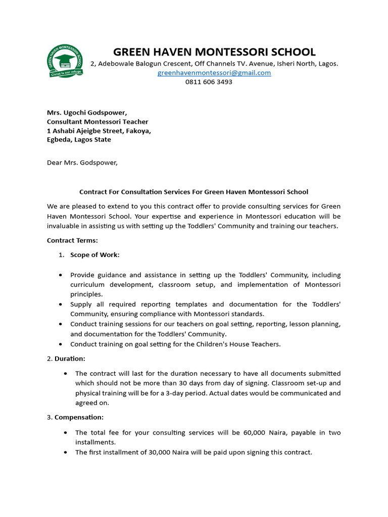 Consulting Contract for Montessori Setup | PDF | Montessori Education