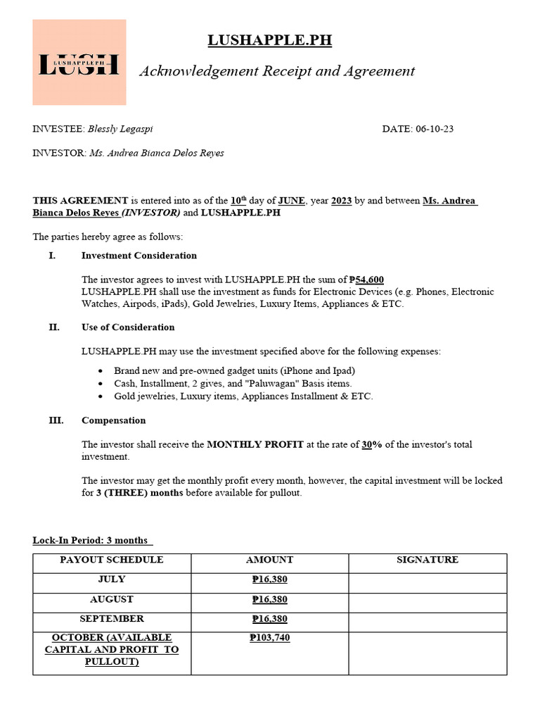 Agreement Lush Delos Reyes 1 | PDF | Investing | Investor