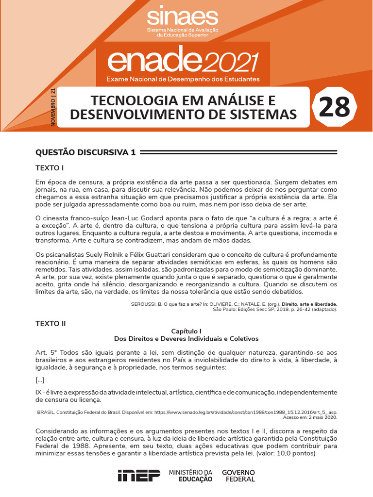 Gabarito Discursivas Enade 2021 Análise e Desenvolvimento de Sistemas | PDF | Liberdade ...