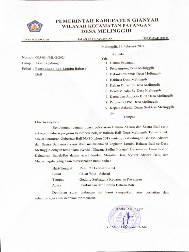 Surat Undangan Bulan Bahasa Bali 2024 | PDF