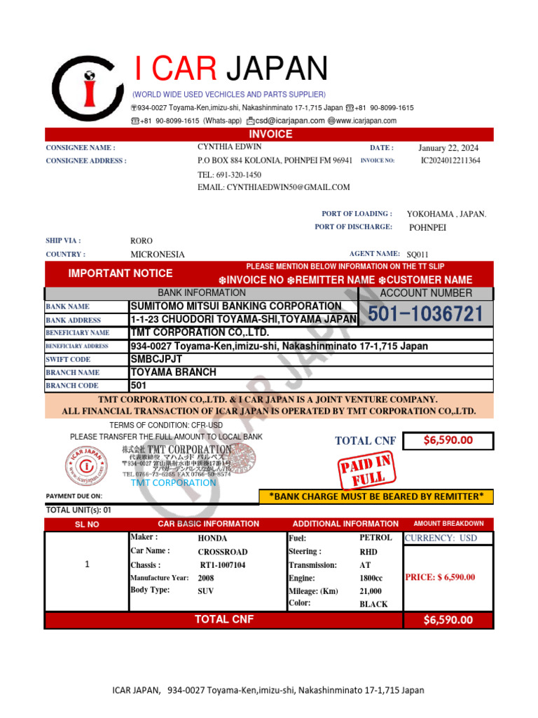 Icar Japan Invoice Rt1 1007104 Micronesia 1 (1) | PDF | Banks | Receipt