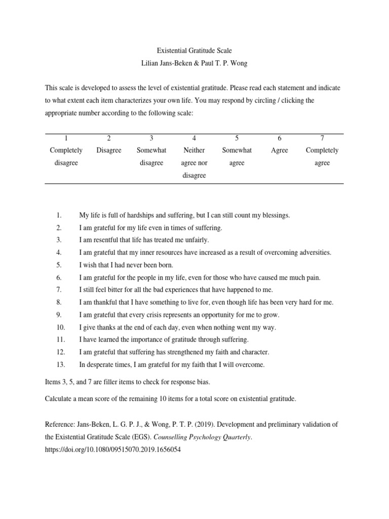 Existential Gratitude Scale Assessment | PDF | Self-Improvement | Wellness