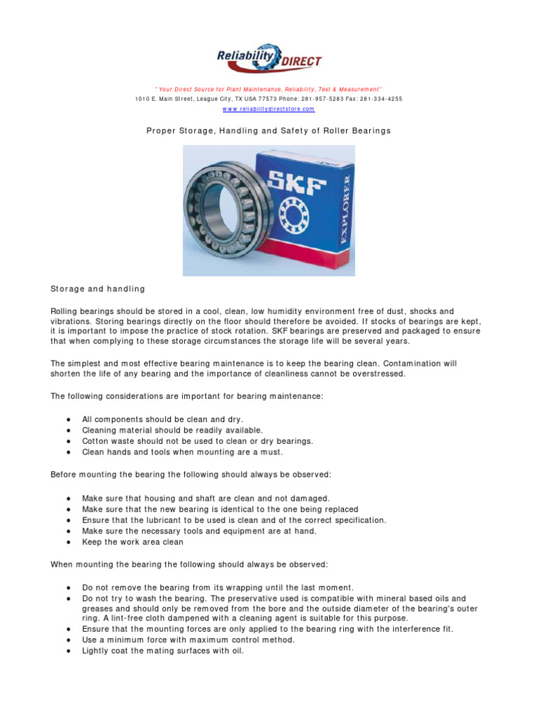 Storage, Handling, Safety of Roller Bearings | Download Free PDF ...