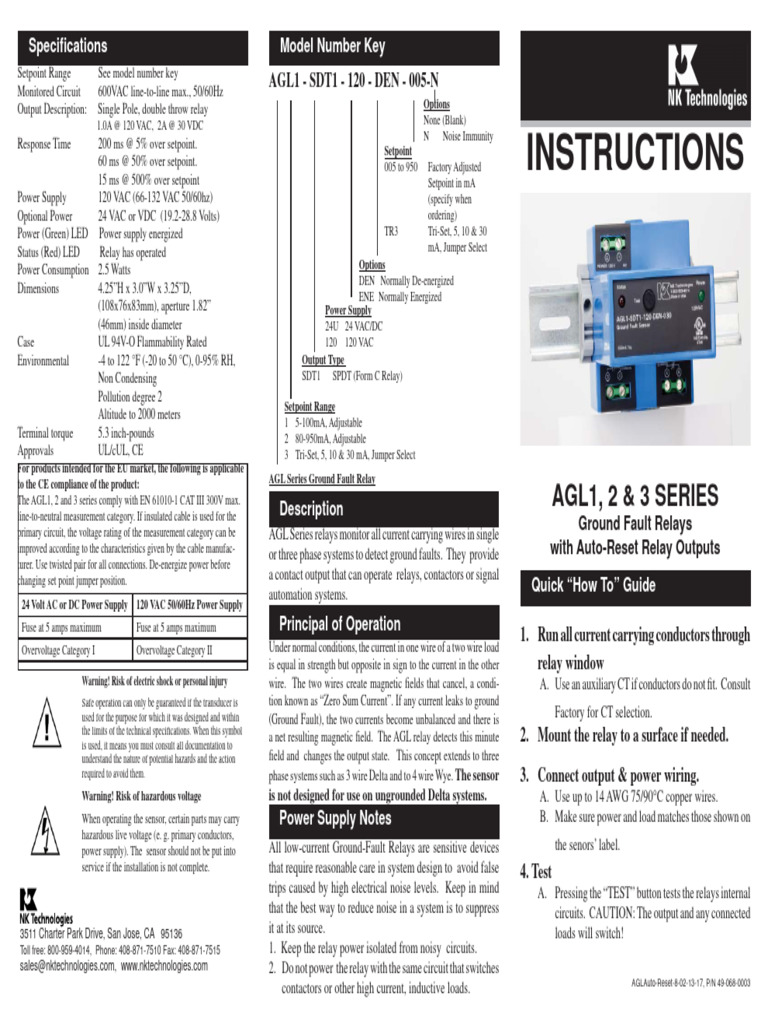 NK Technologies AGL Ground Fault Relay With Auto-Reset Relay Outputs ...