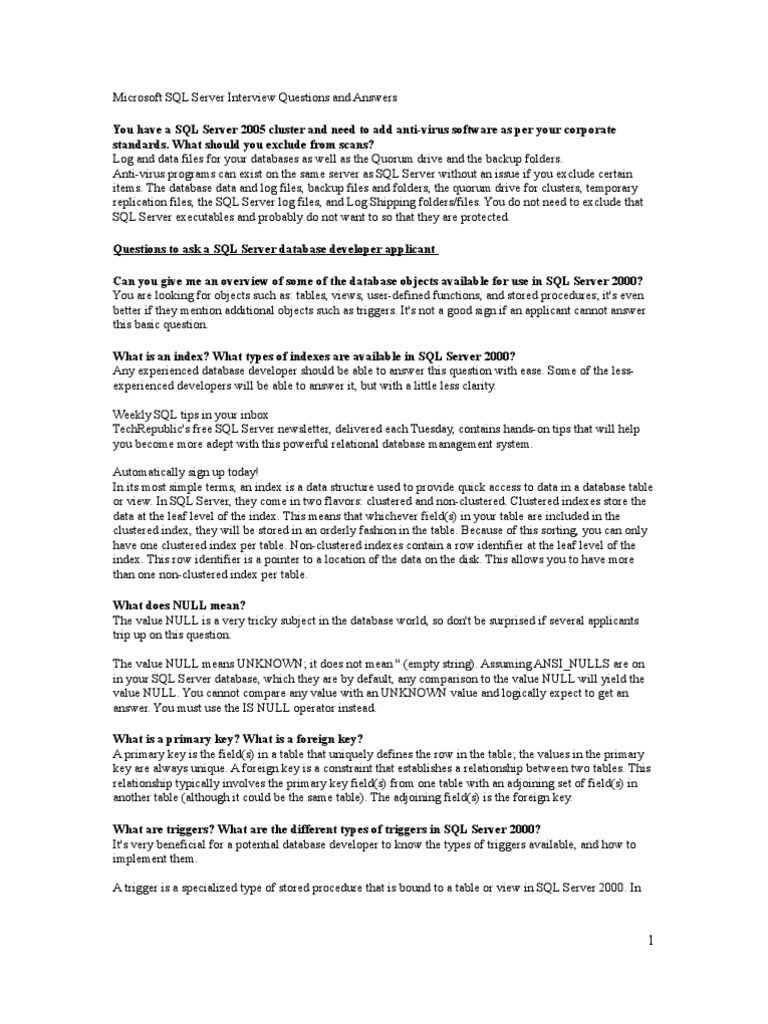 Microsoft SQL Server Interview Questions and Answers | PDF | Microsoft Sql Server | Database Index