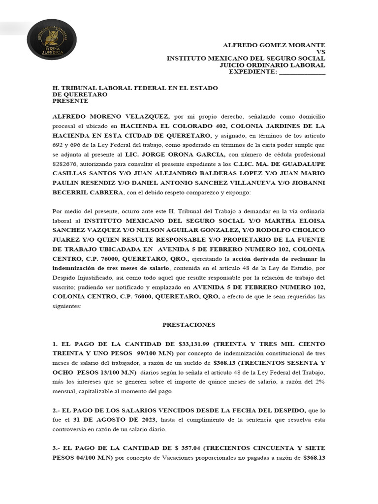 Demanda Laboral por Despido Injustificado | PDF | Demanda judicial | México
