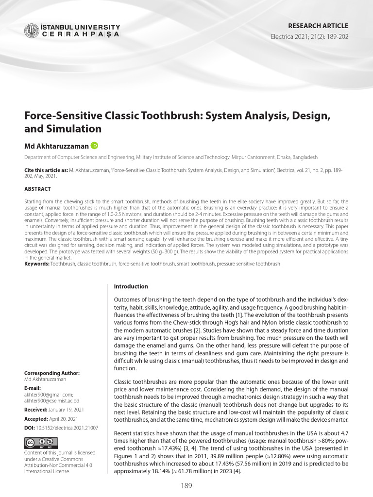 Force-Sensitive Classic Toothbrush: System Analysis, Design, and ...