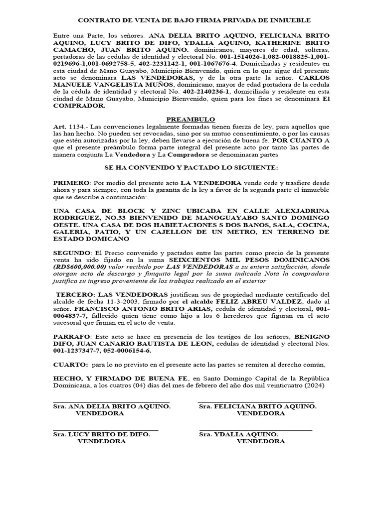 Acto de Venta de Inmueble Carlos Manuel - Lucy y Brito | PDF