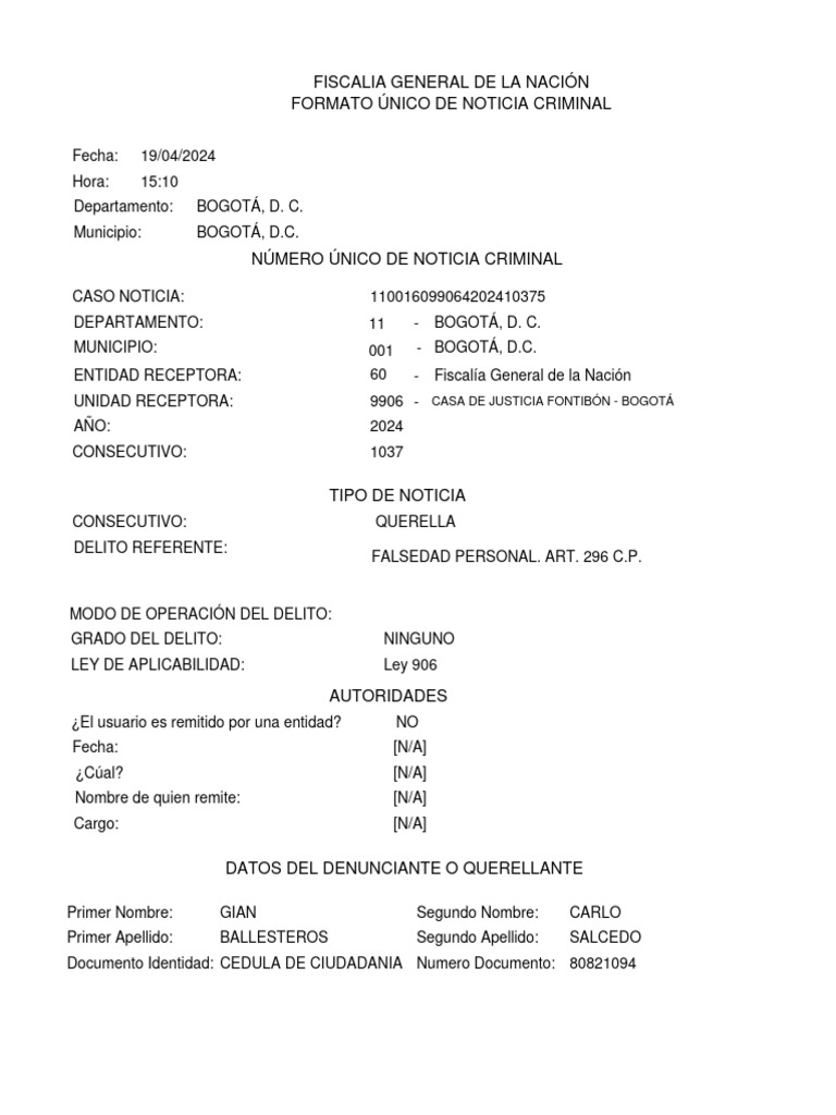 Fiscalia General de La Nación Formato Único de Noticia Criminal | PDF ...