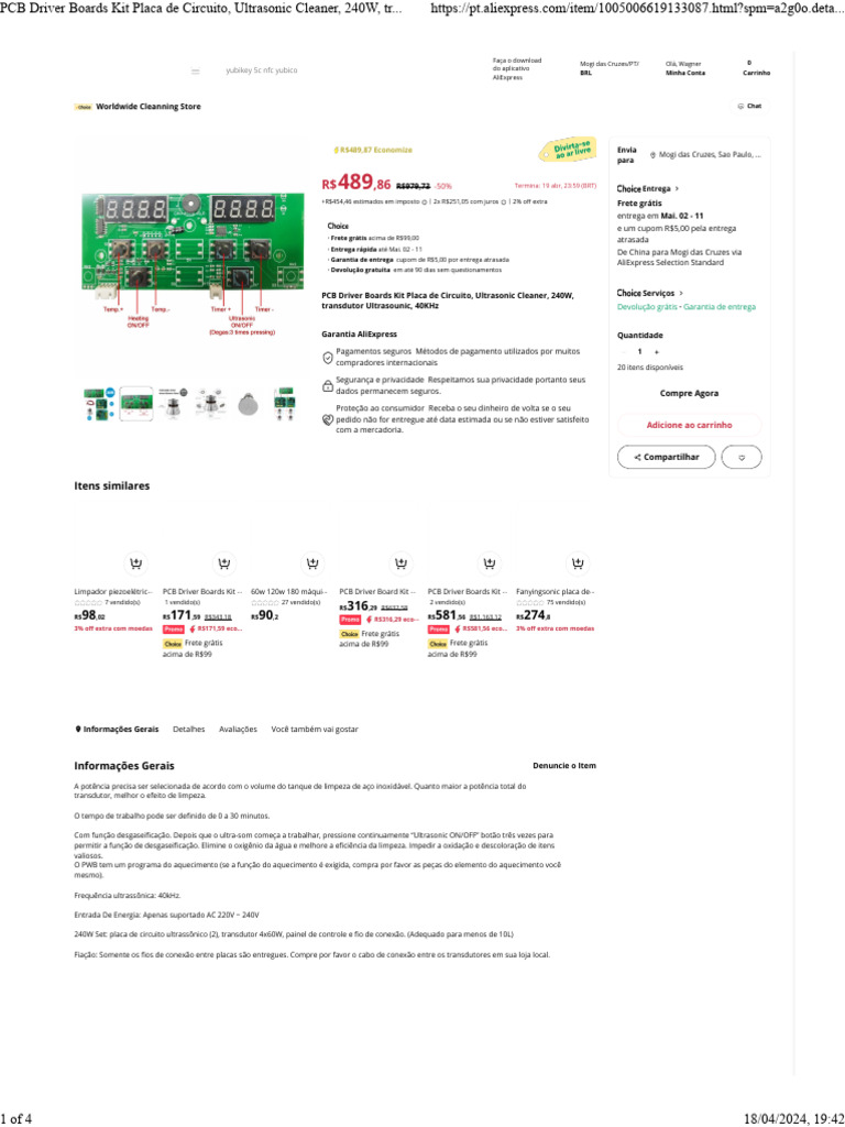 PCB Driver Boards Kit Placa de Circuito, Ultrasonic Cleaner, 240W ...