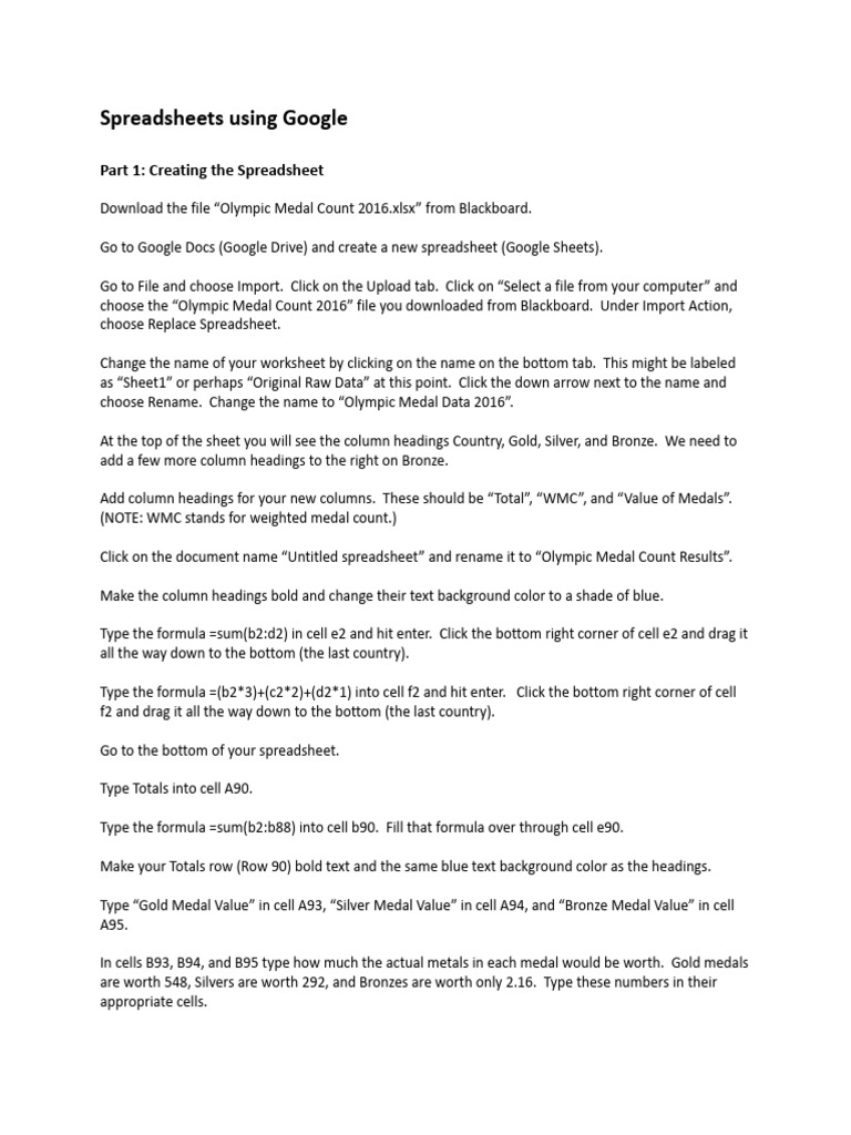 Spreadsheet Lab Instructions 2016 Olympics | PDF | Spreadsheet | Computing