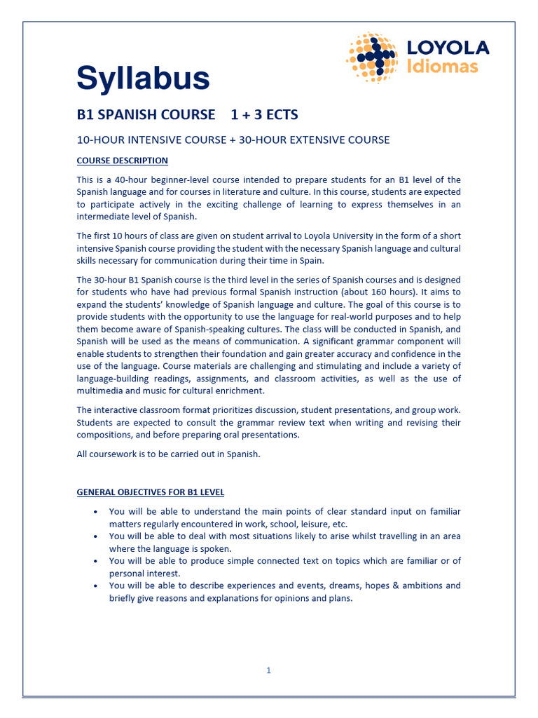 Syllabus B1 Spanish Course 4 ECTS 2020 | PDF | Verb | Grammatical Tense