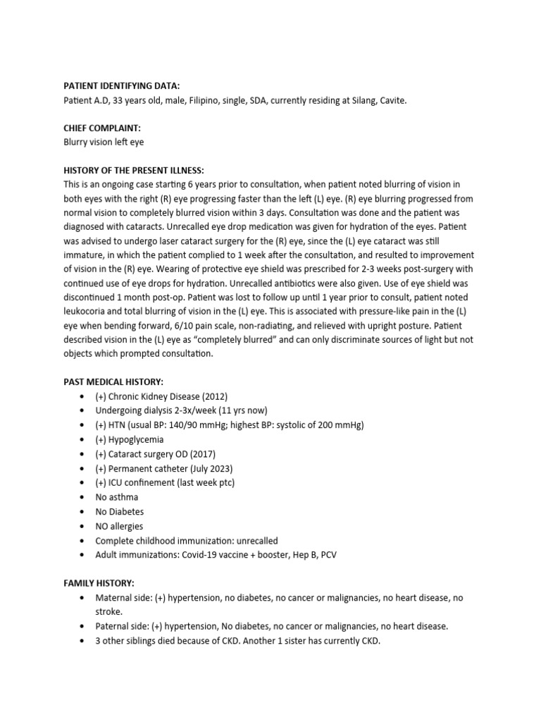 Ophtha Patient Interview | PDF | Cataract | Hypertension