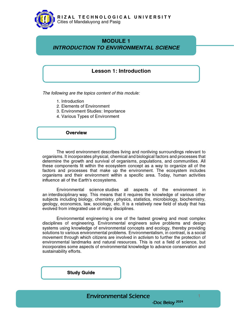 Lesson 1 INTRO To Envi Module | PDF | Natural Environment | Environmental Ethics