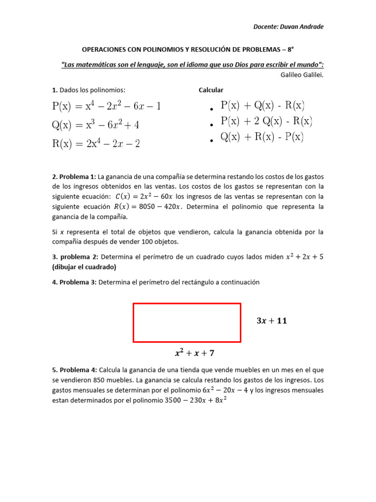 -1- Taller Operaciones Con Polinomios y Resoluci-n de Problemas | PDF
