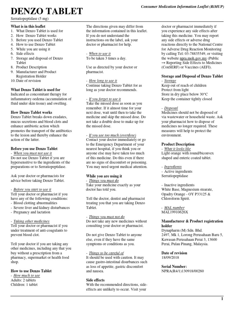 Denzo Tablet Serratiopeptidase DYNAPHARM M SDN. BHD. 18sep2018 ENG | PDF | Tablet (Pharmacy ...