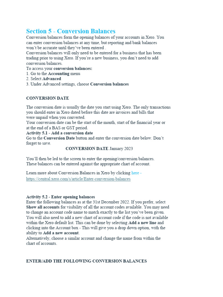 Xero Conversion Balances Guide | PDF | Accounts Payable | Banking