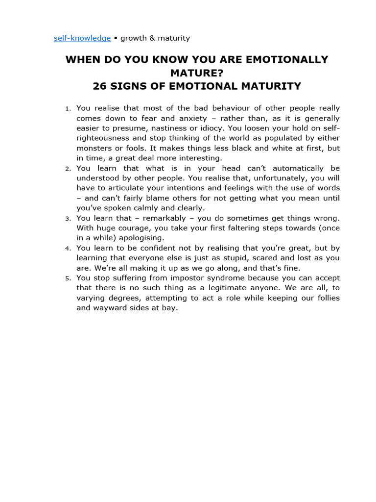 26 SIGNS OF EMOTIONAL MATURITY | PDF | Psychology