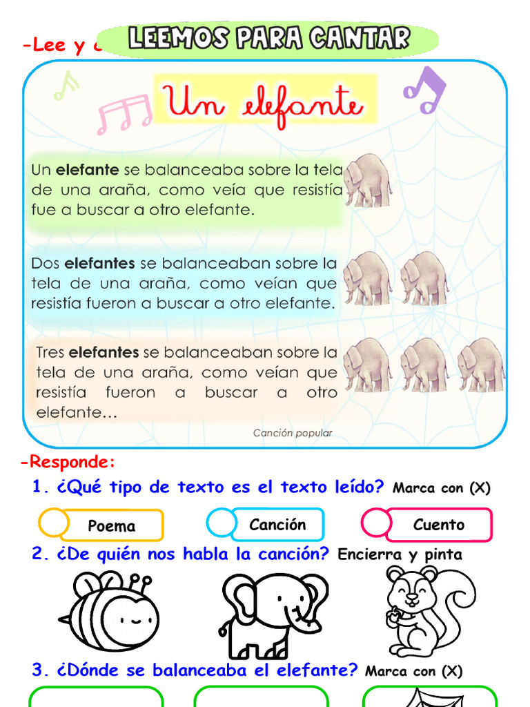 Ficha Leemos y Aprendemos La Canción Del Elefante - 2024 Maestra Janet ...