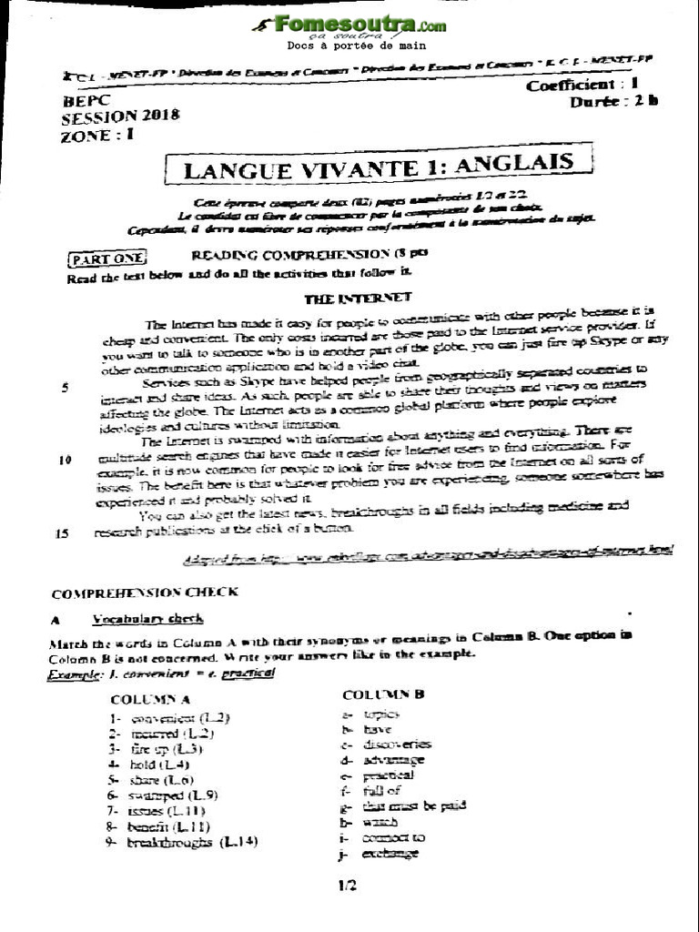 612ba5a015292sujet Corrige Et Bareme Anglais Bepc 2018 Zone 1 | PDF