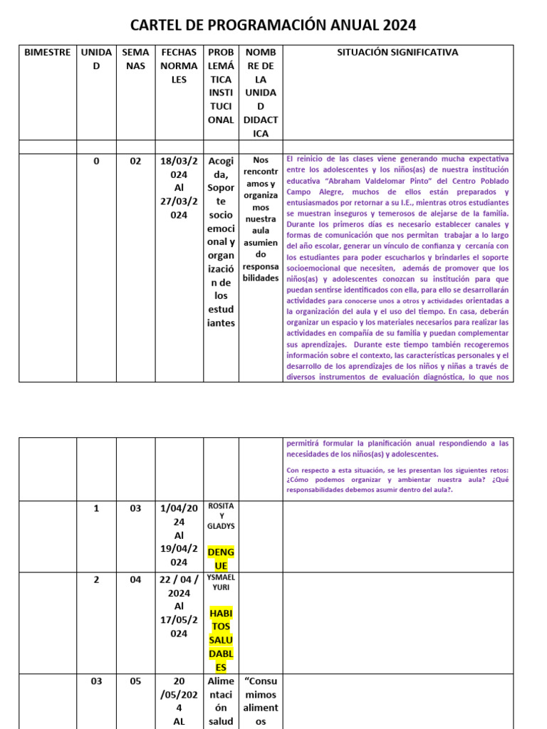CARTEL DE PROGRAMACIÓN ANUAL 2024docx | PDF | Salón de clases | Aprendizaje