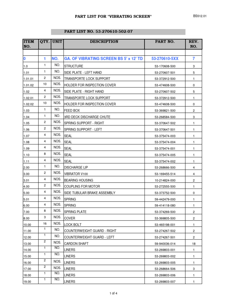 0 1 NO. Ga. of Vibrating Screen Bs 5' X 12' TD 53-270610-5XX 7 ...