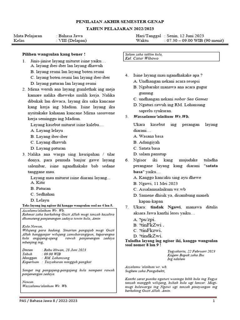 Soal Pas Bahasa Jawa Kelas 8 TH 20222023 Genap | PDF