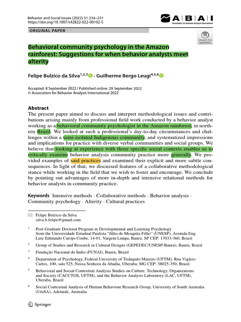Behavioral Community Psychology in The Amazon Rainforest: Suggestions ...
