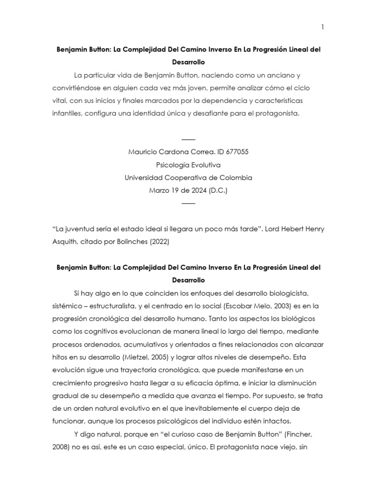 Ensayo Benjamin Button - Mauricio Cardona Correa | PDF | Sicología ...