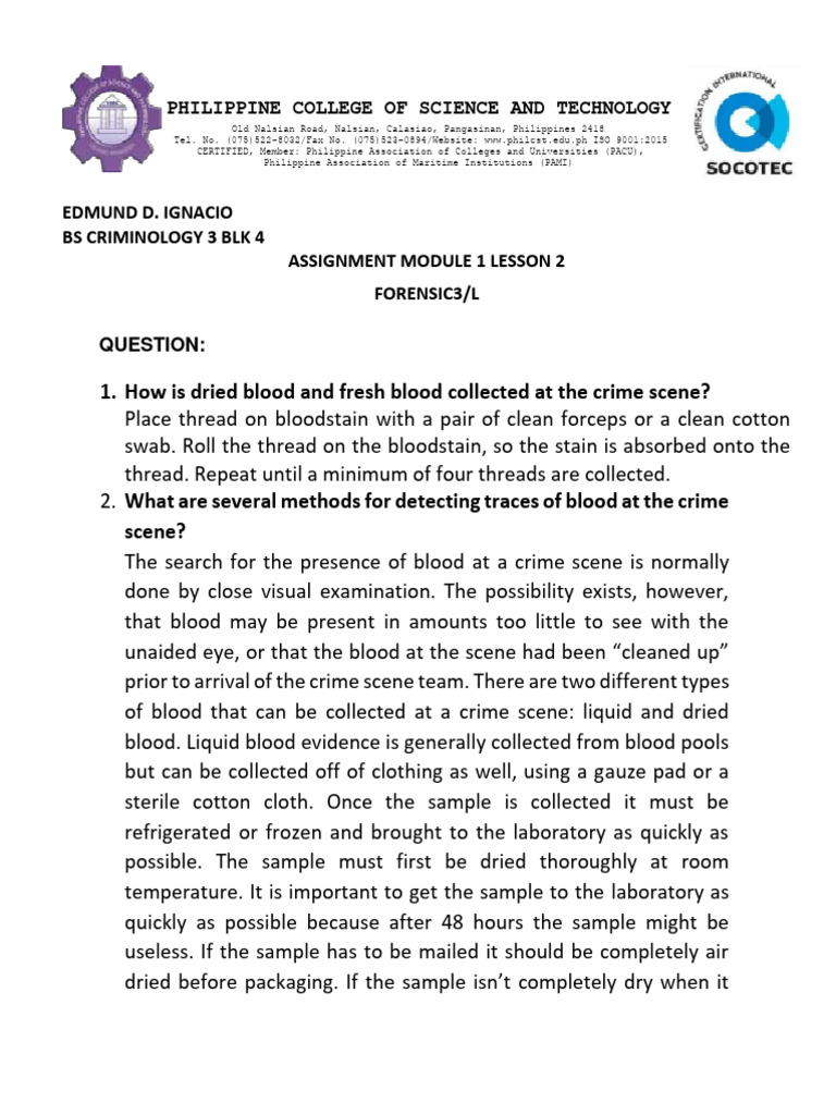 Forensic3l Val Edmund Ignacio Assignment For Module 1 Lesson 2 Bscrim3 BLK4 | PDF | Crime Scene
