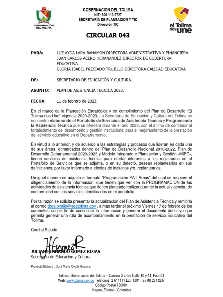 Plan Asistencia Técnica 2023 Tolima | PDF