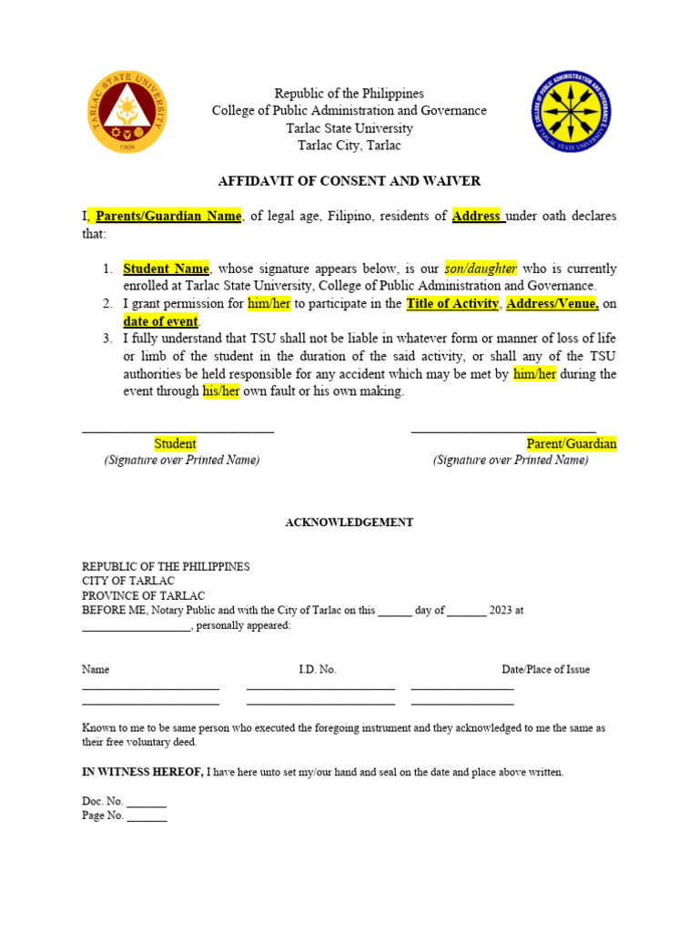 AFFIDAVIT OF CONSENT AND WAIVER Format 1 | PDF