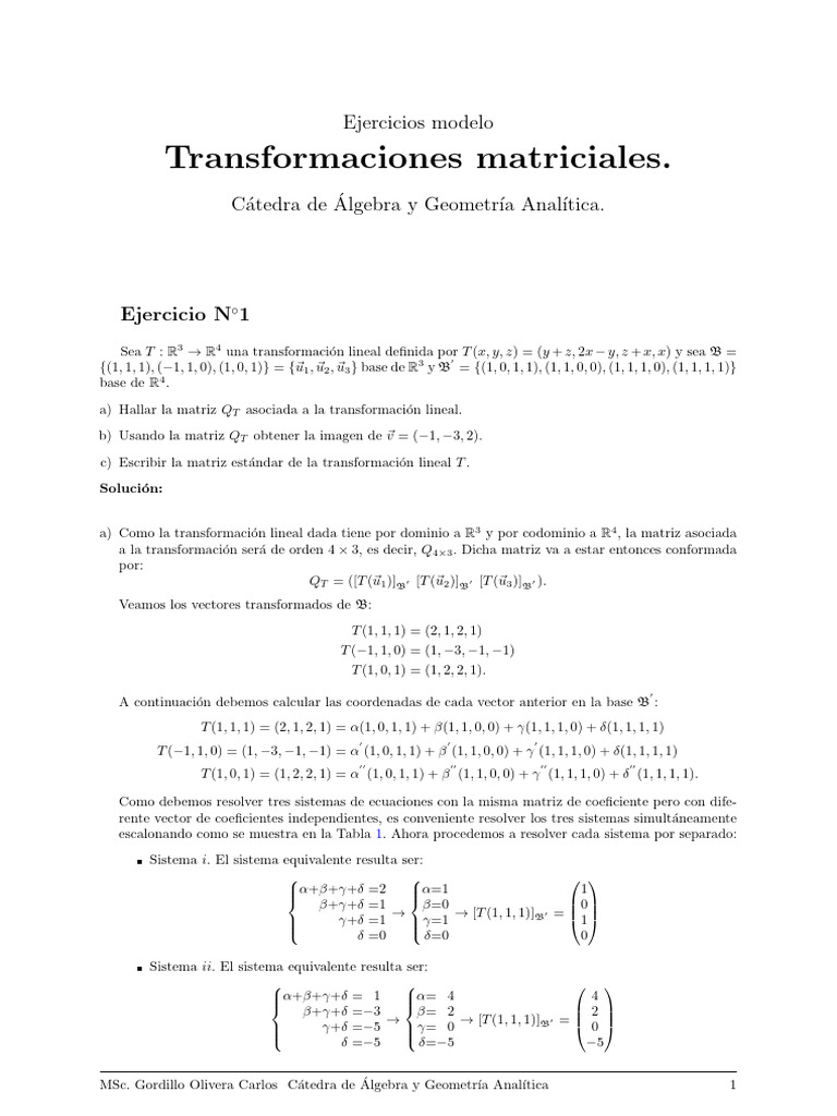 Ejercicio Modelo - Transformaciones Matriciales | PDF | Mapa lineal ...