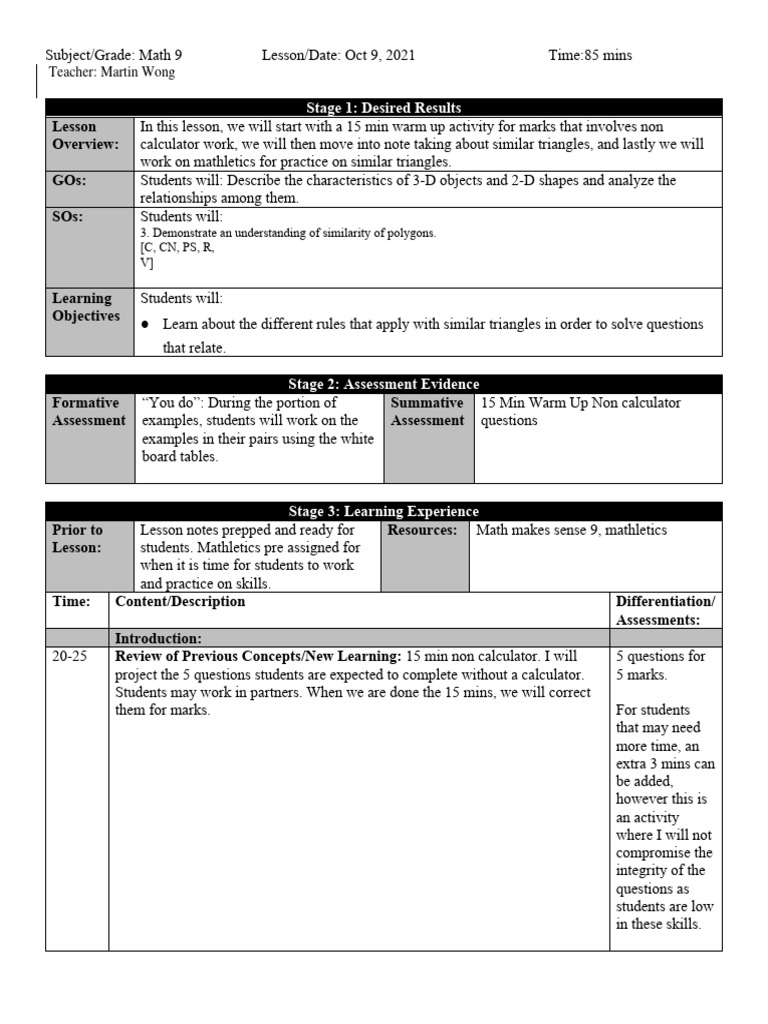 Similar Triangles Lesson Plan | PDF | Lesson Plan | Learning